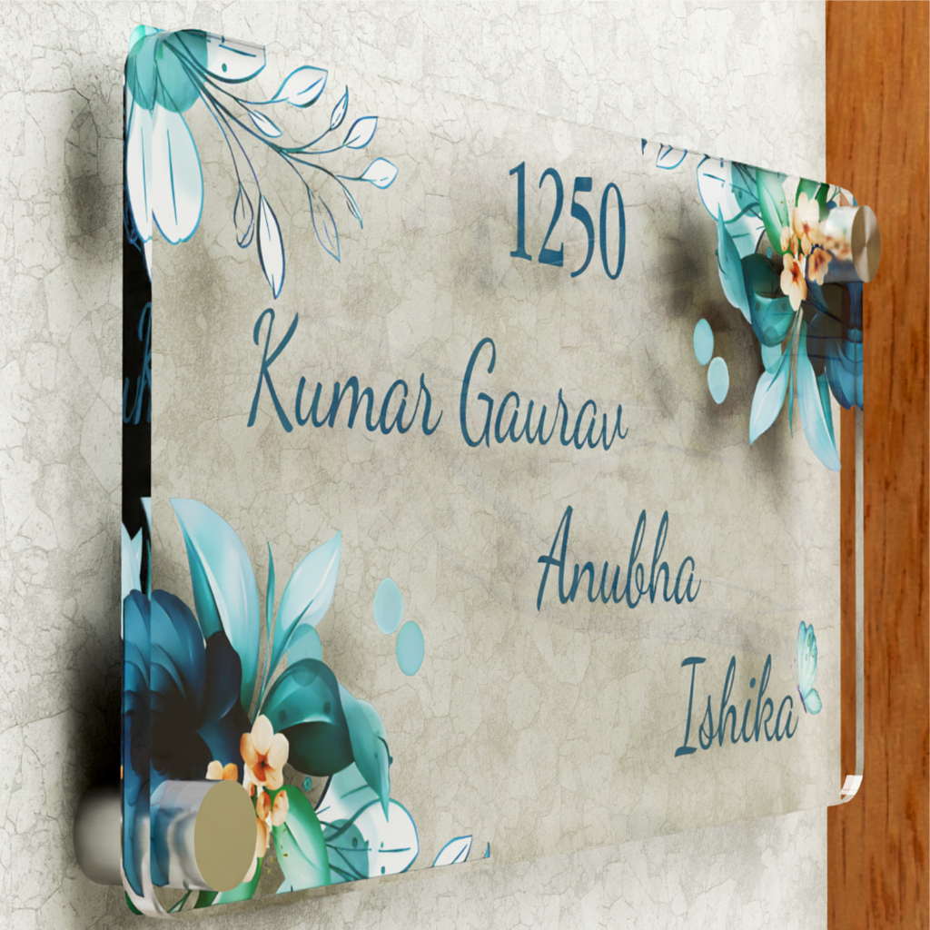 Home Entrance Customized Name Plate Blue Flower Design - ooclas