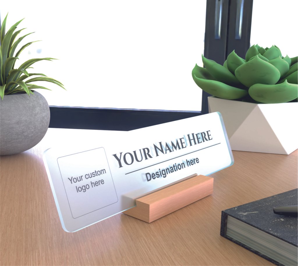 Custom Acrylic Desk Name Plate with Wooden Stand | Matte Finish - ooclas